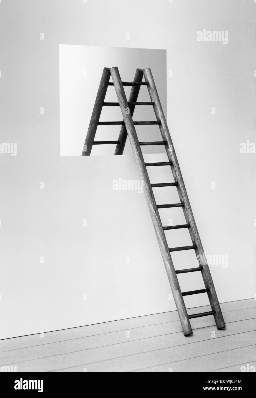 Ladder straddling window Stock Photo - Alamy
