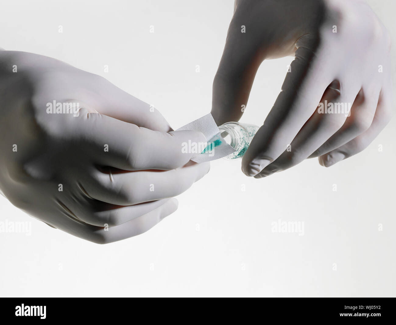 Closeup of men's hands wearing rubber gloves putting powder into vial ...
