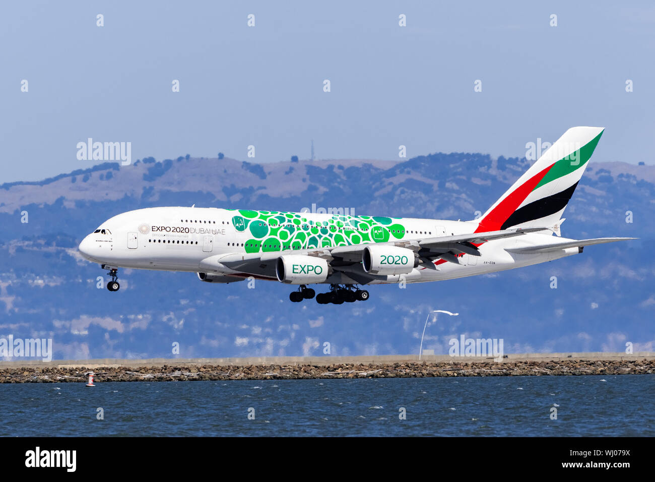 September 1, 2019 Burlingame / CA / USA - Emirates Airbus A380 aircraft ...