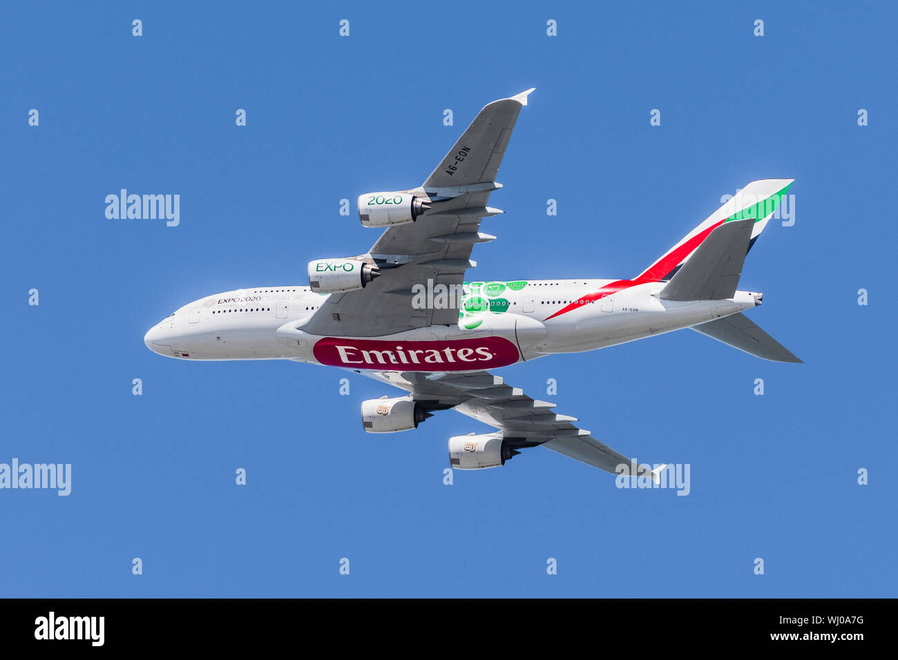 September 1, 2019 Burlingame / CA / USA - Emirates Airbus A380 aircraft ...