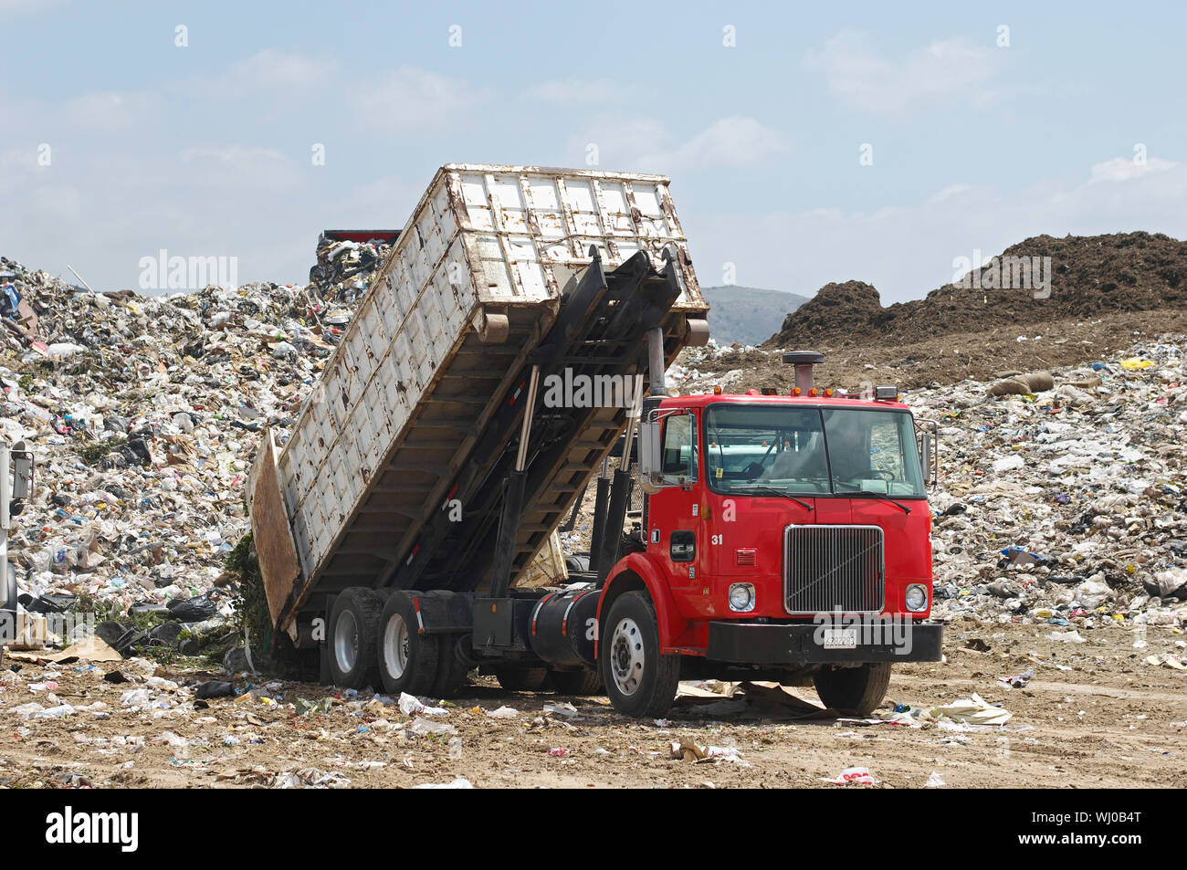 Truck dumping waste at landfill site Stock Photo - Alamy