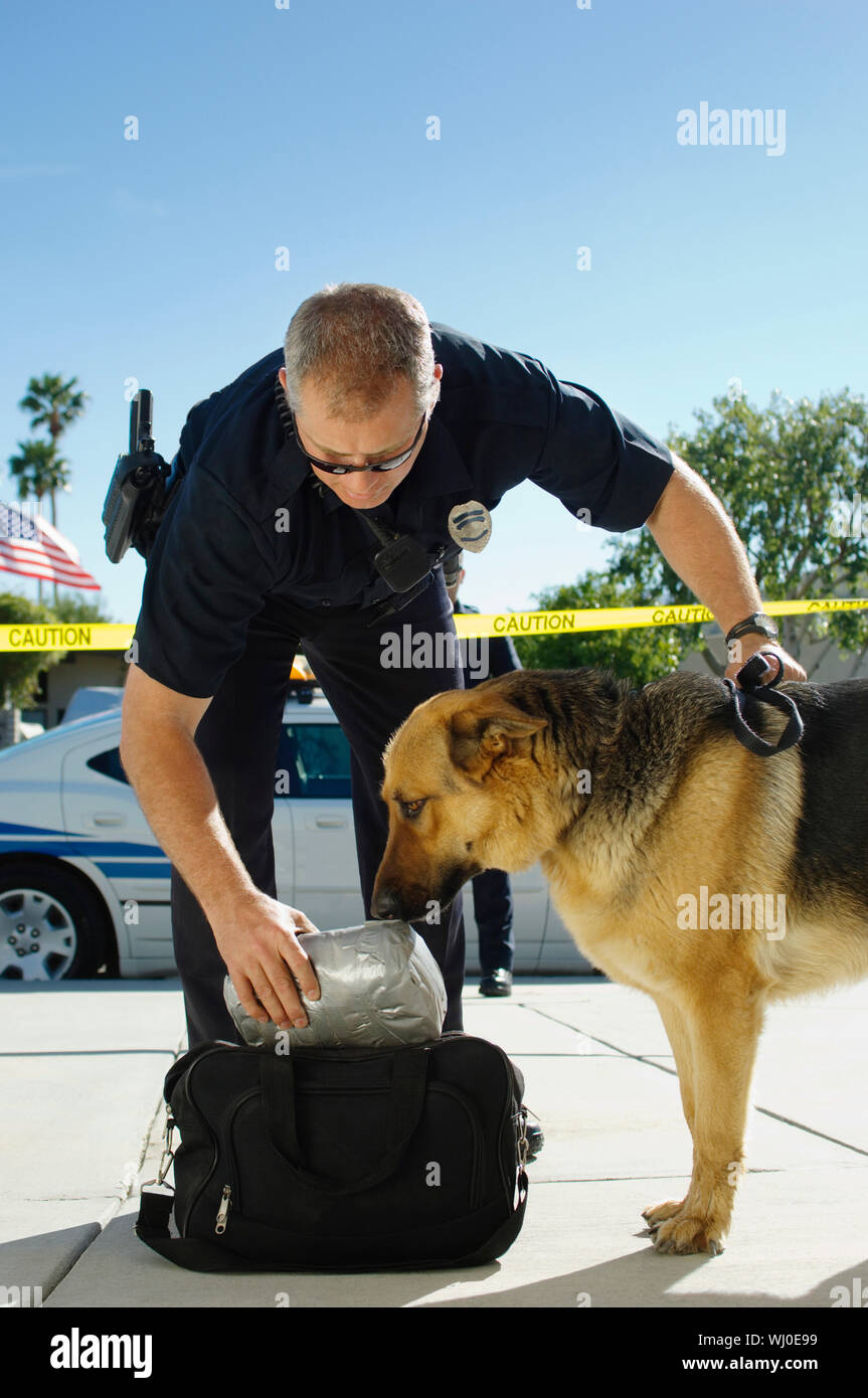 A trained dog sniffing the object with two police officers at ...