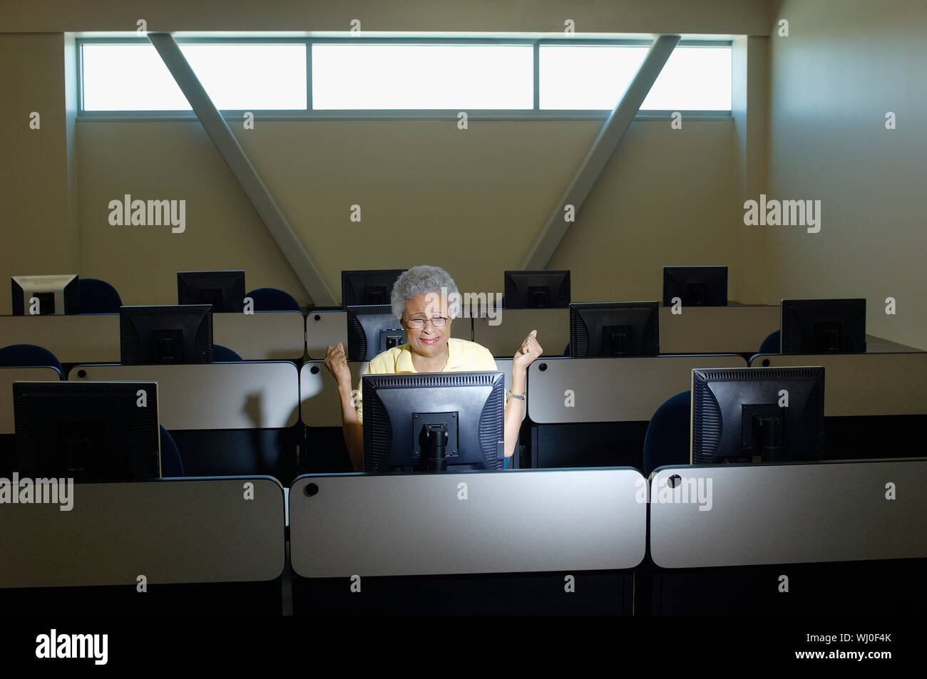 Mature female student working in computer classroom Stock Photo - Alamy