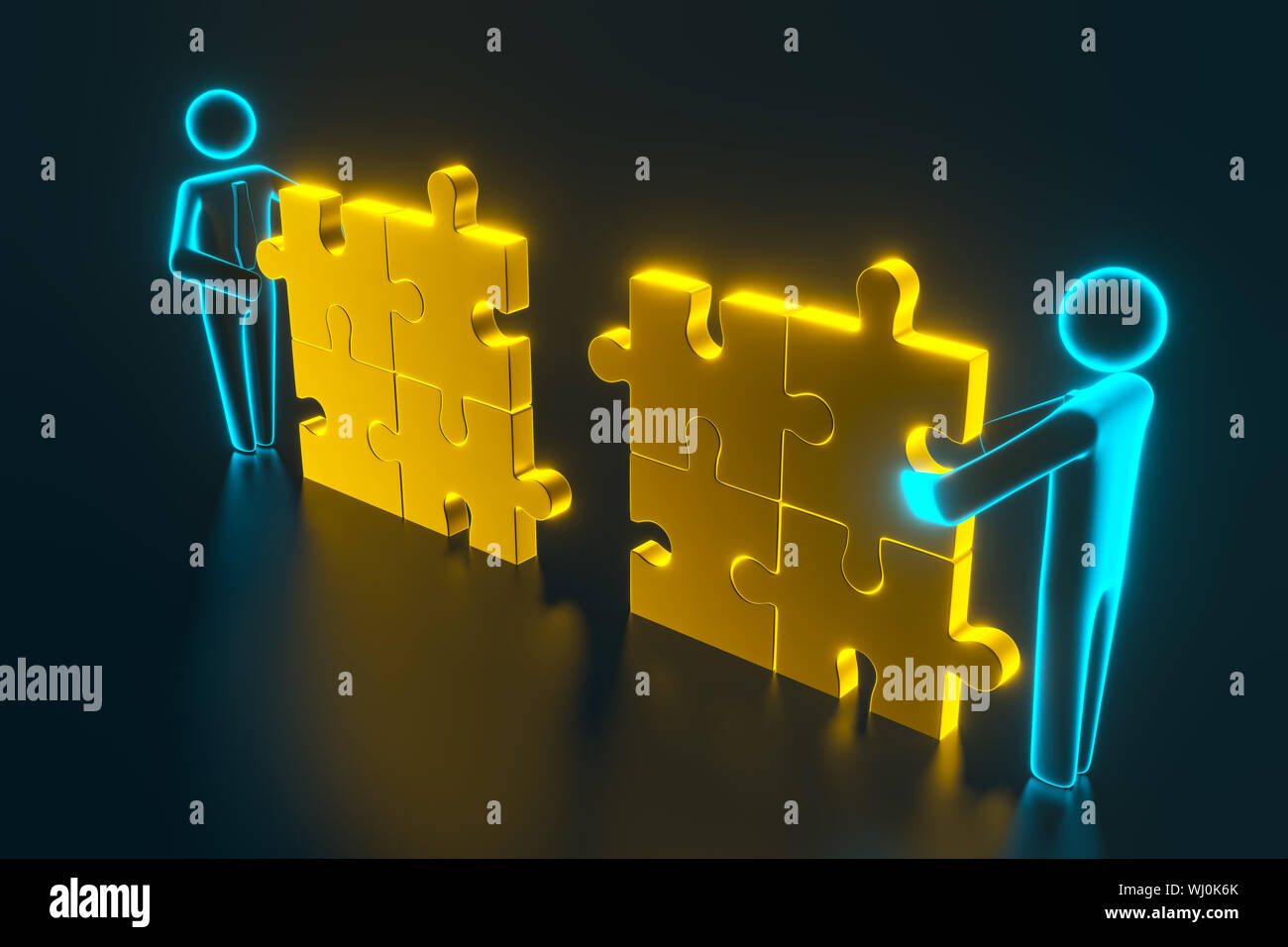 3d man, small person inserting last part of a puzzle. Business concept ...