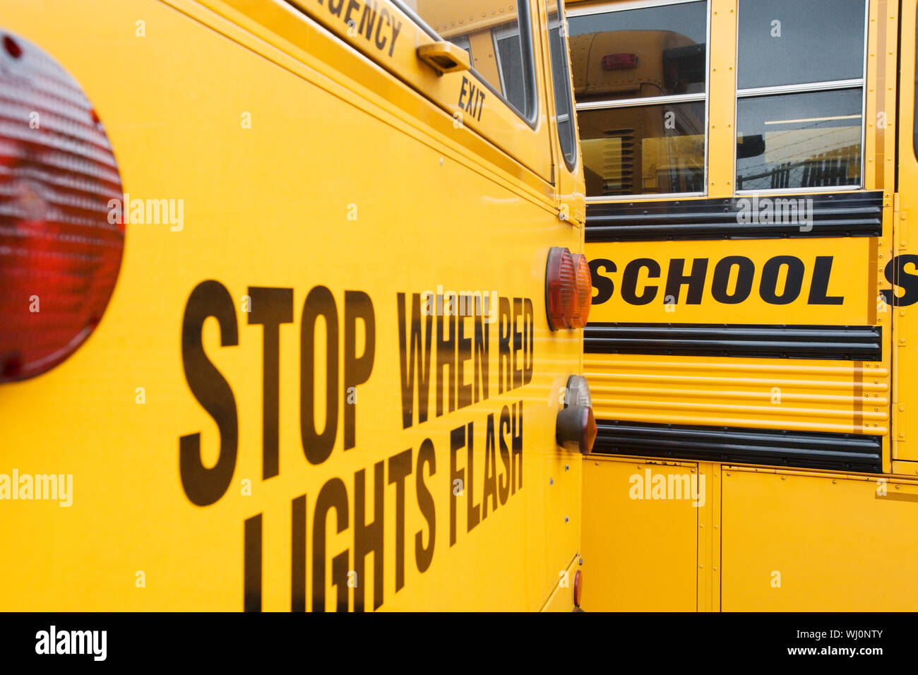 Stop When Red Lights Flash on School Bus Stock Photo - Alamy
