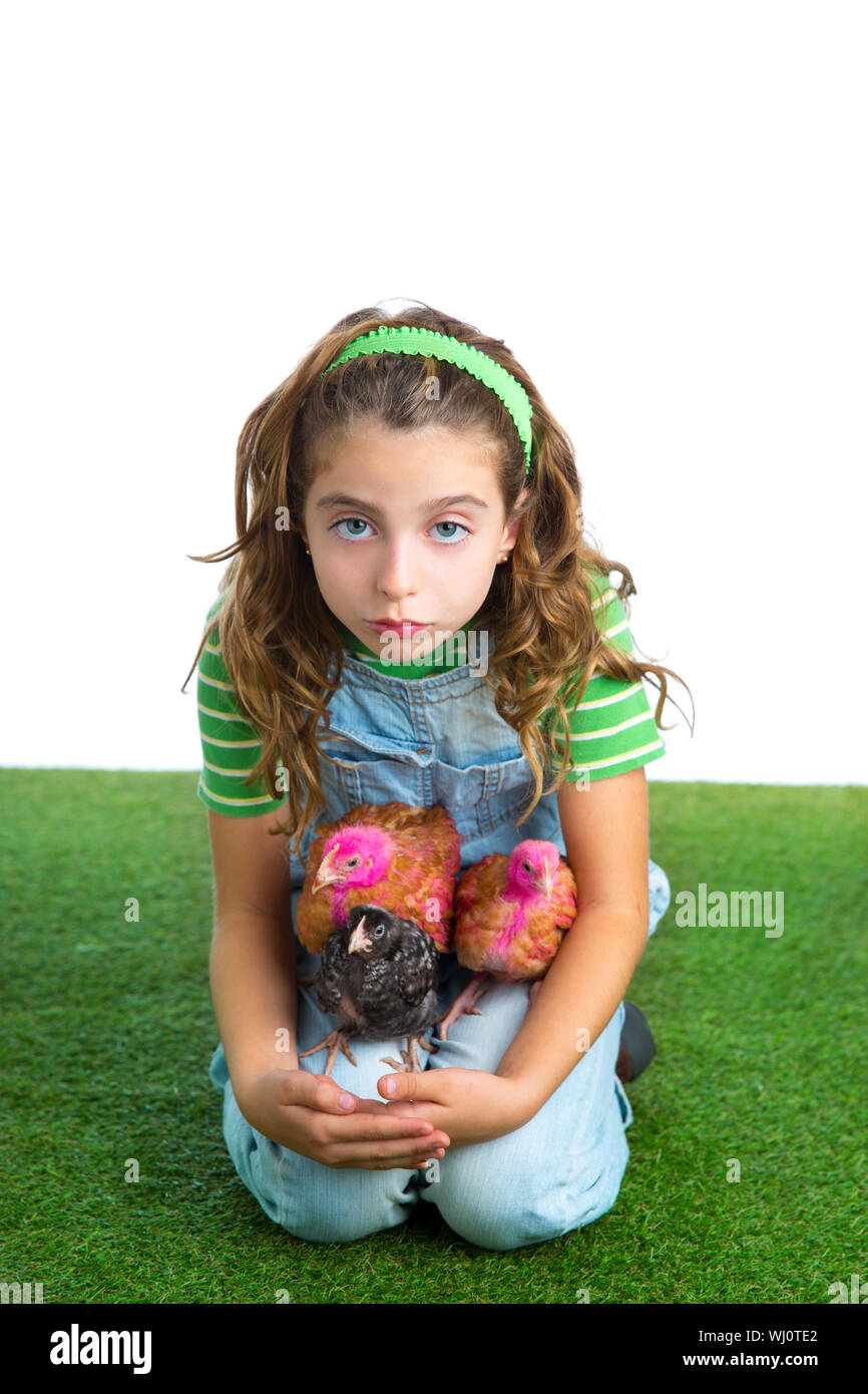 breeder hens kid girl rancher farmer hug chicken chick white background ...