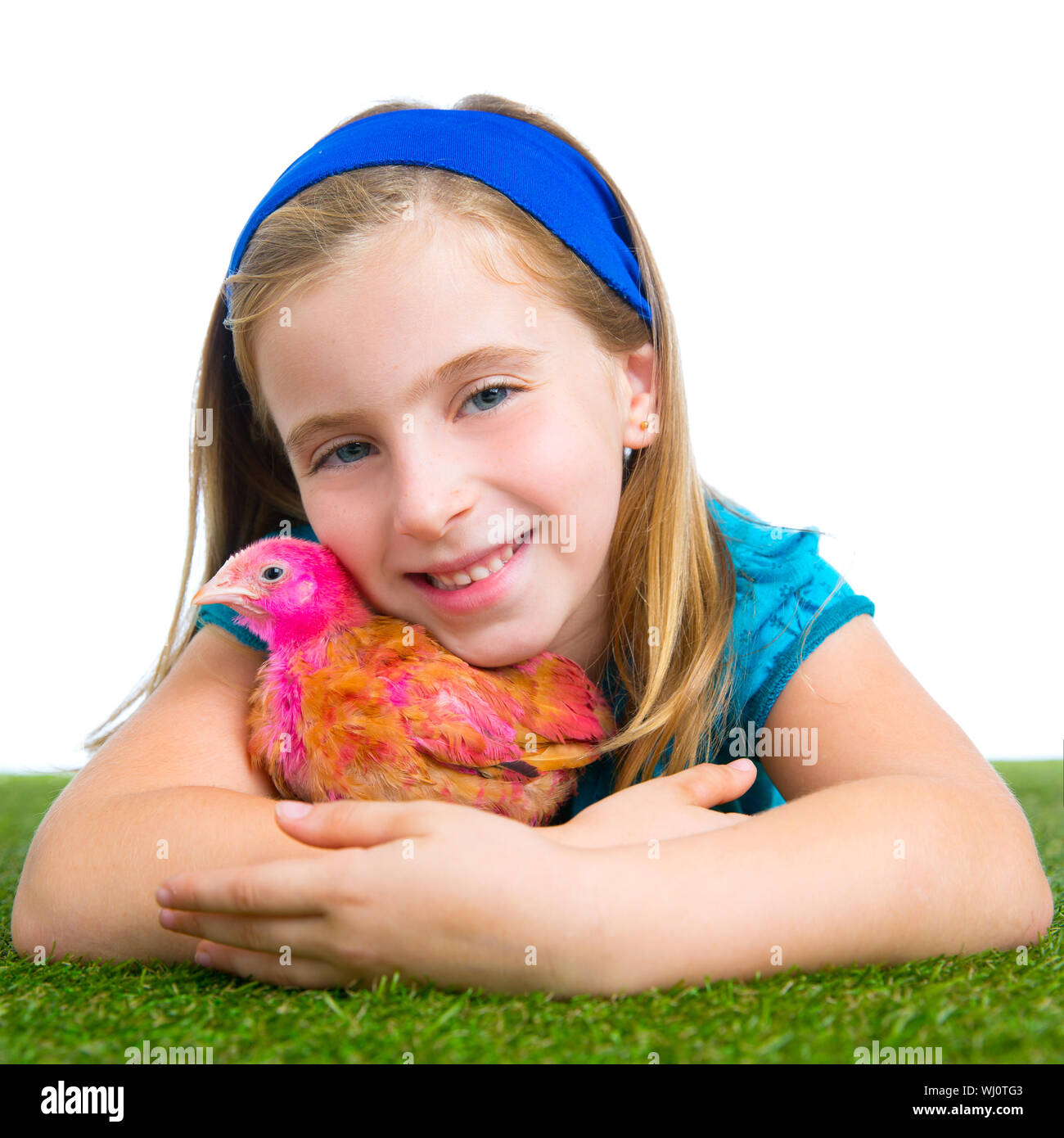 breeder hens kid girl rancher farmer hug chicken chick white background ...
