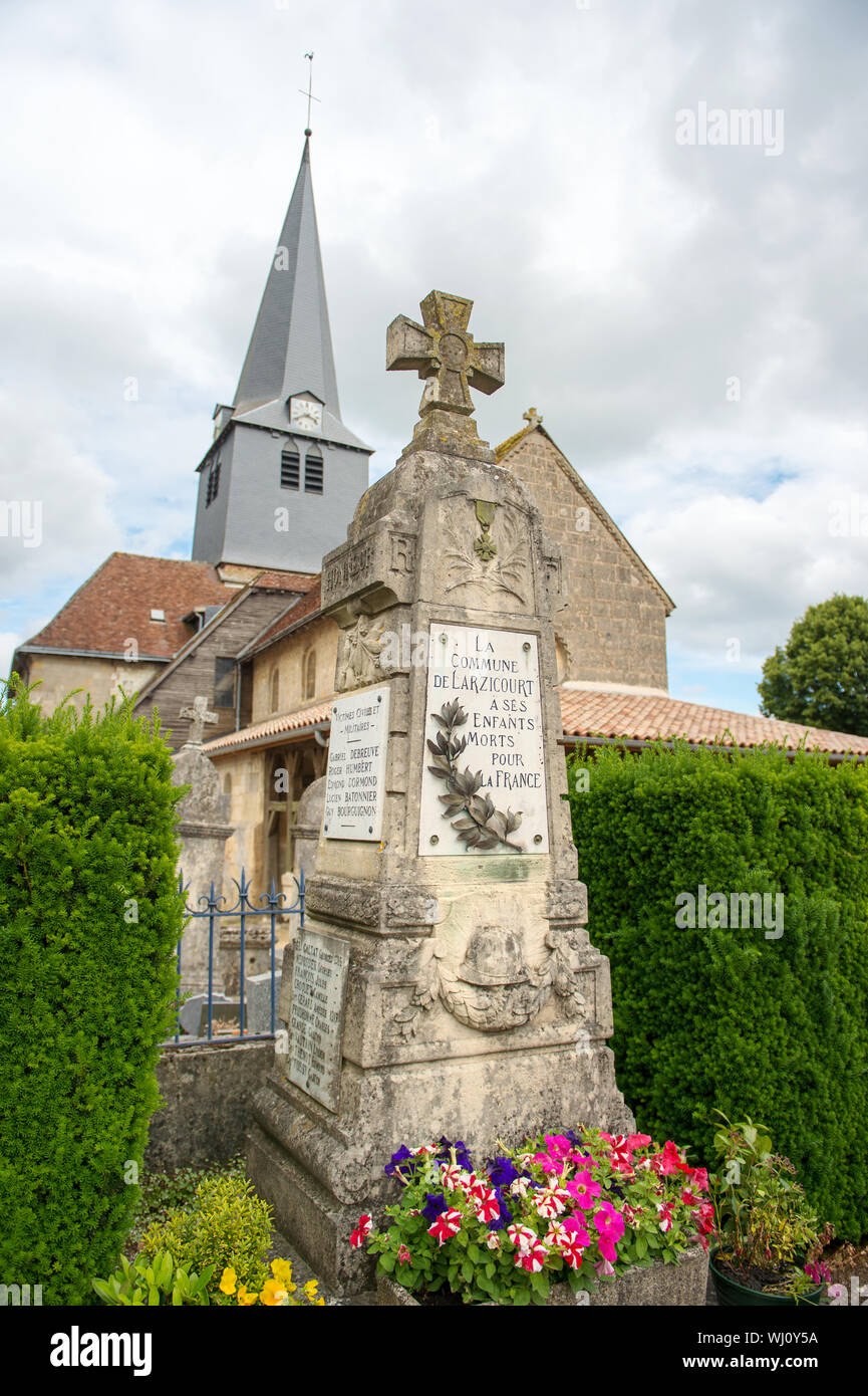 French church with monument in village larzicourt in France Stock Photo ...