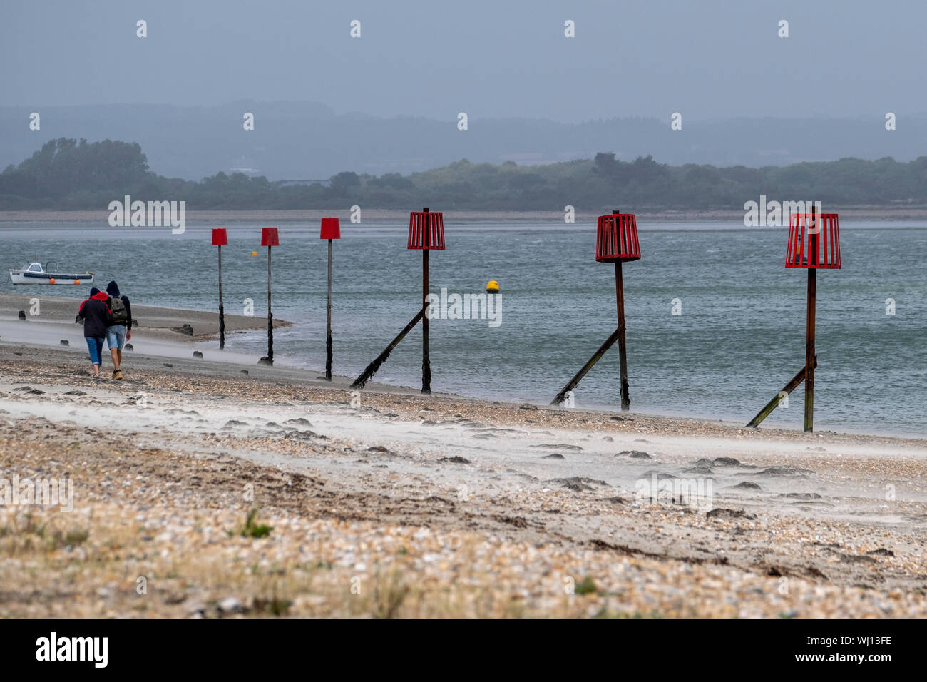 Line of beach markers near the Sailing Club at Sandy Point on Hayling ...