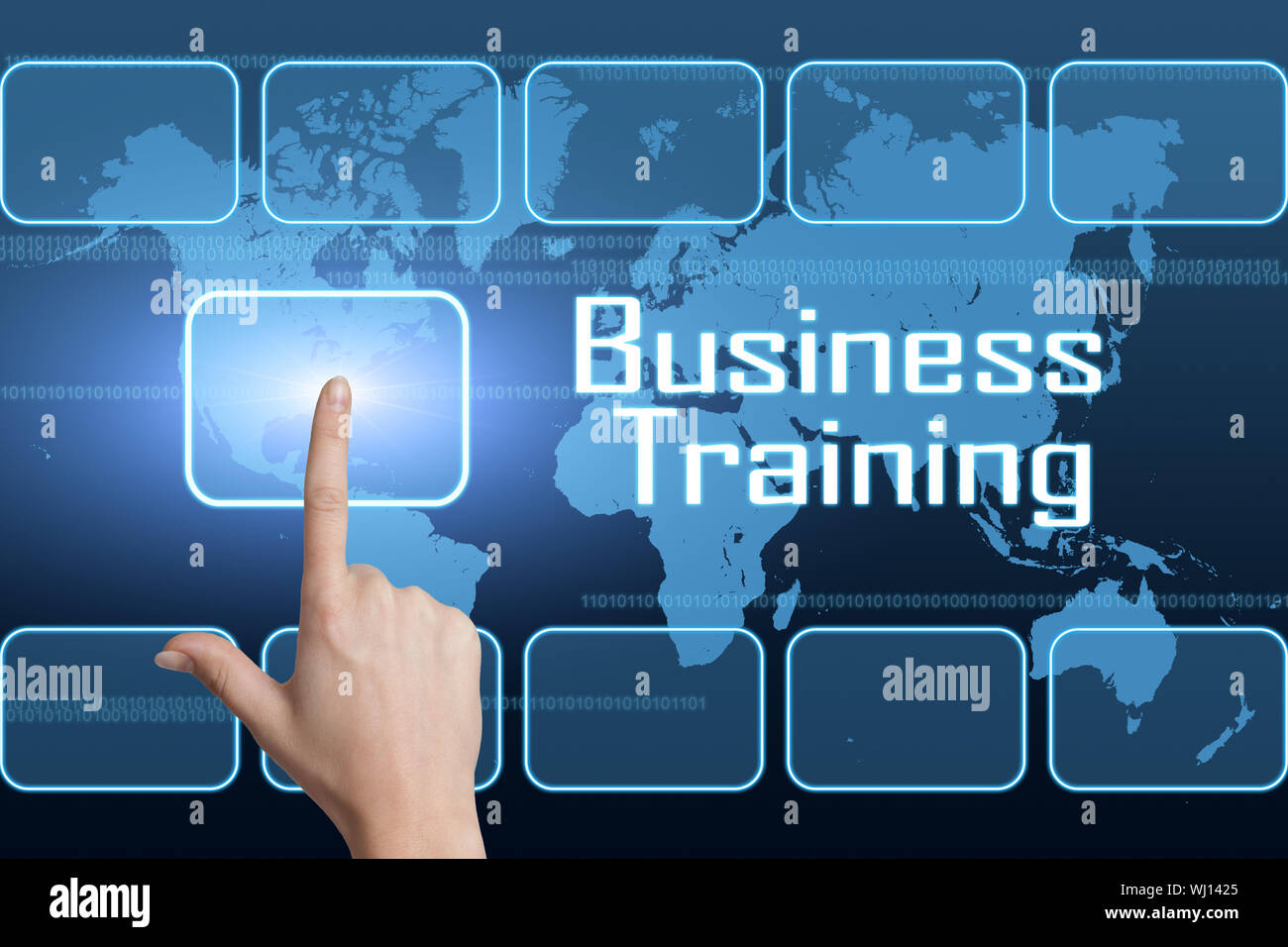 Business Training concept with interface and world map on blue ...