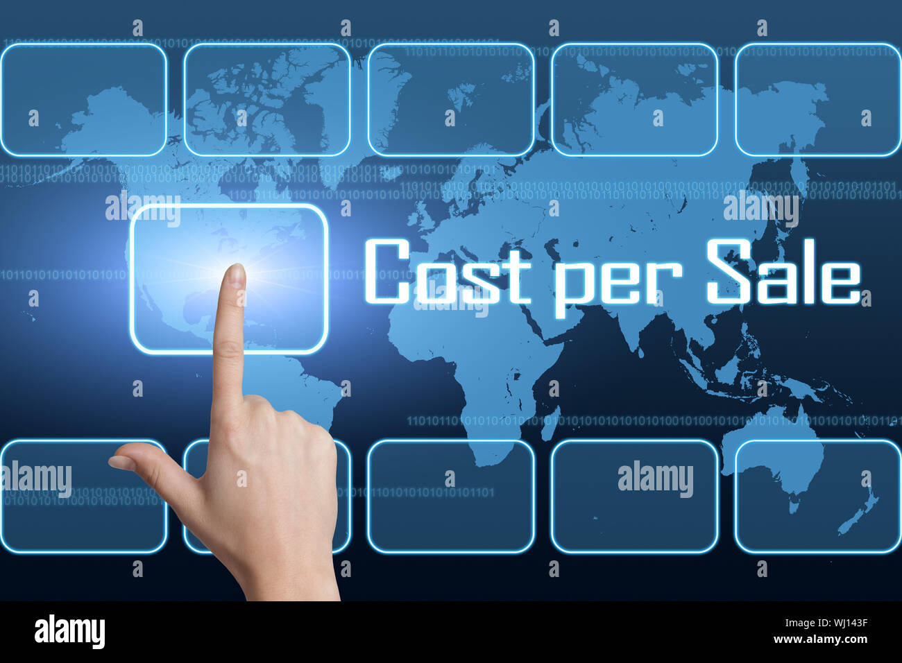 Cost per sale concept with interface and world map on blue background ...