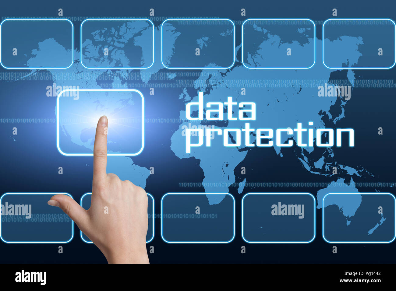 Data Protection concept with interface and world map on blue background ...