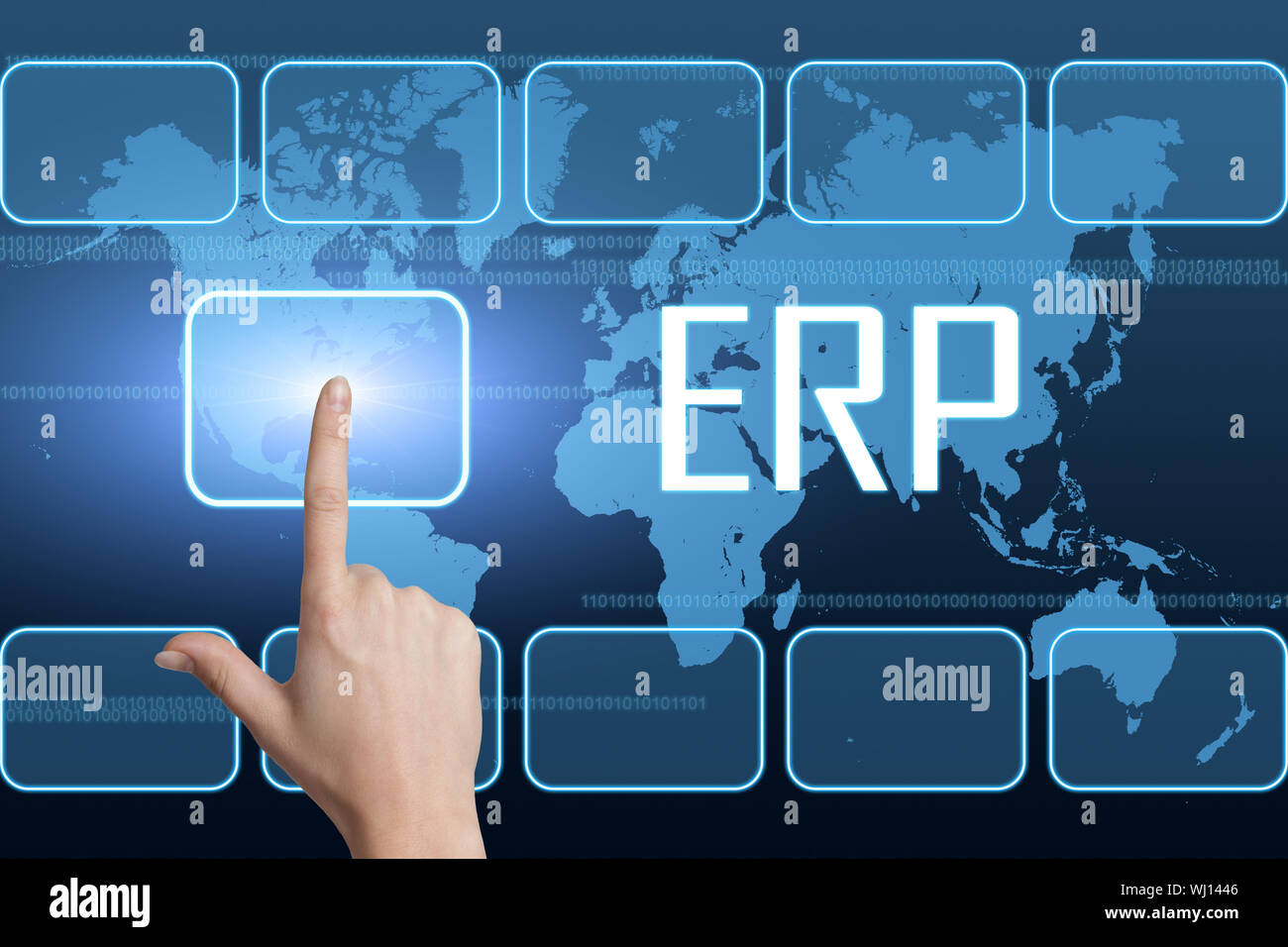Enterprise Resource Planning concept with interface and world map on ...