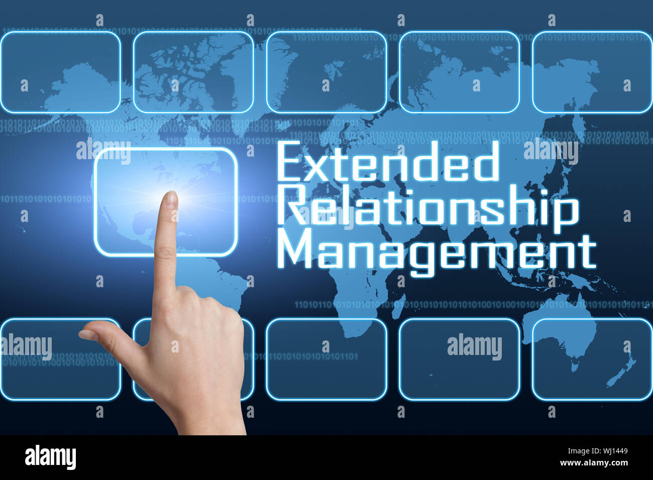 Extended Relationship Management concept with interface and world map ...