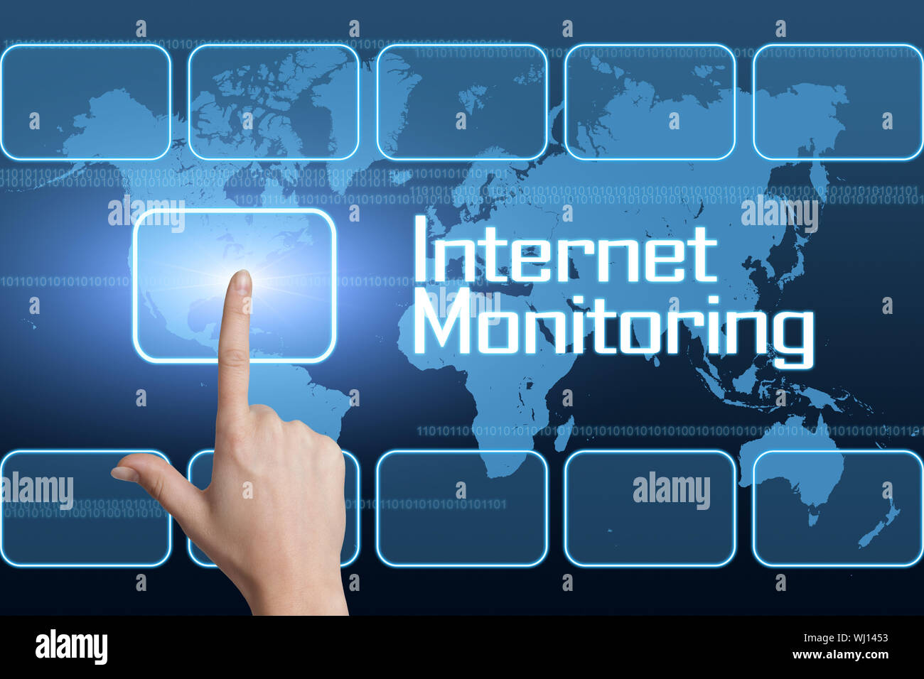 Internet Monitoring concept with interface and world map on blue ...