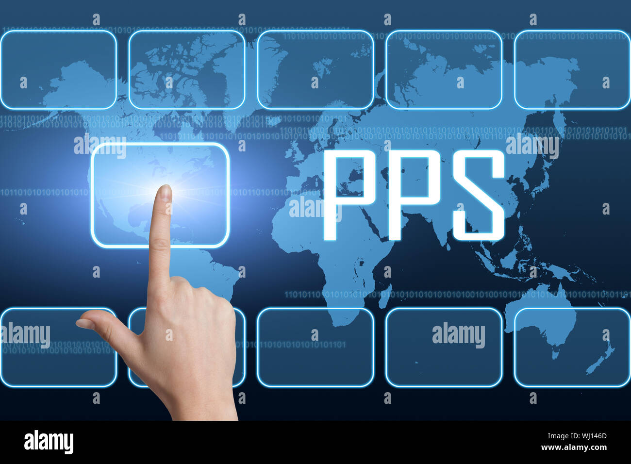 Cost per sale concept with interface and world map on blue background ...