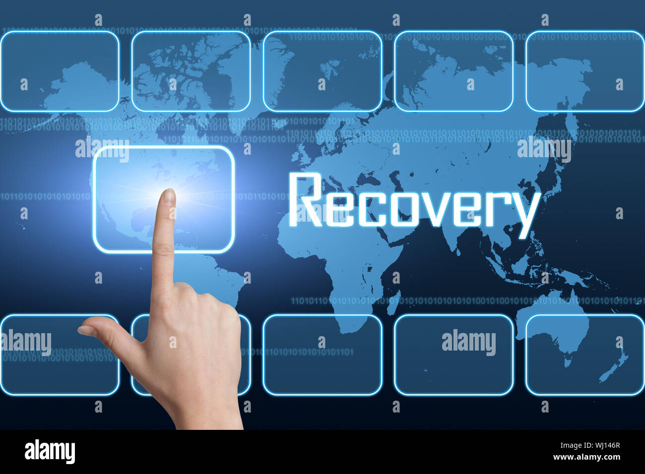 Recovery concept with interface and world map on blue background Stock ...