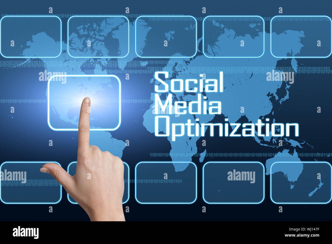 Social Media Optimization concept with interface and world map on blue ...