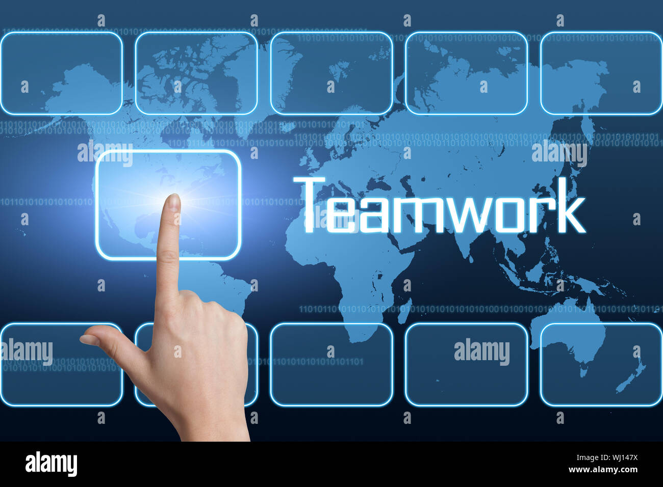 Teamwork concept with interface and world map on blue background Stock ...