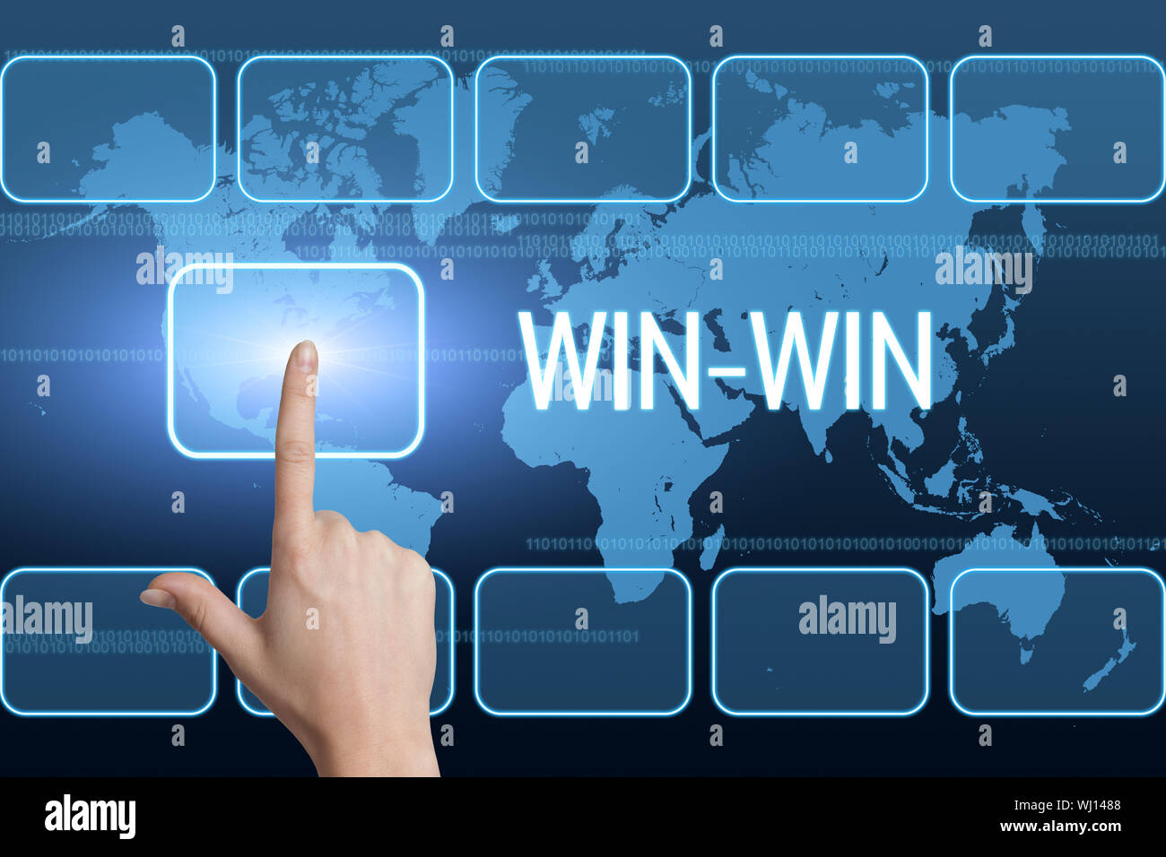 Win-Win concept with interface and world map on blue background Stock ...