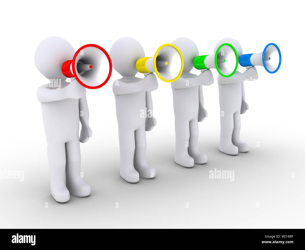 Four 3d people are speaking to different colored megaphones Stock Photo ...