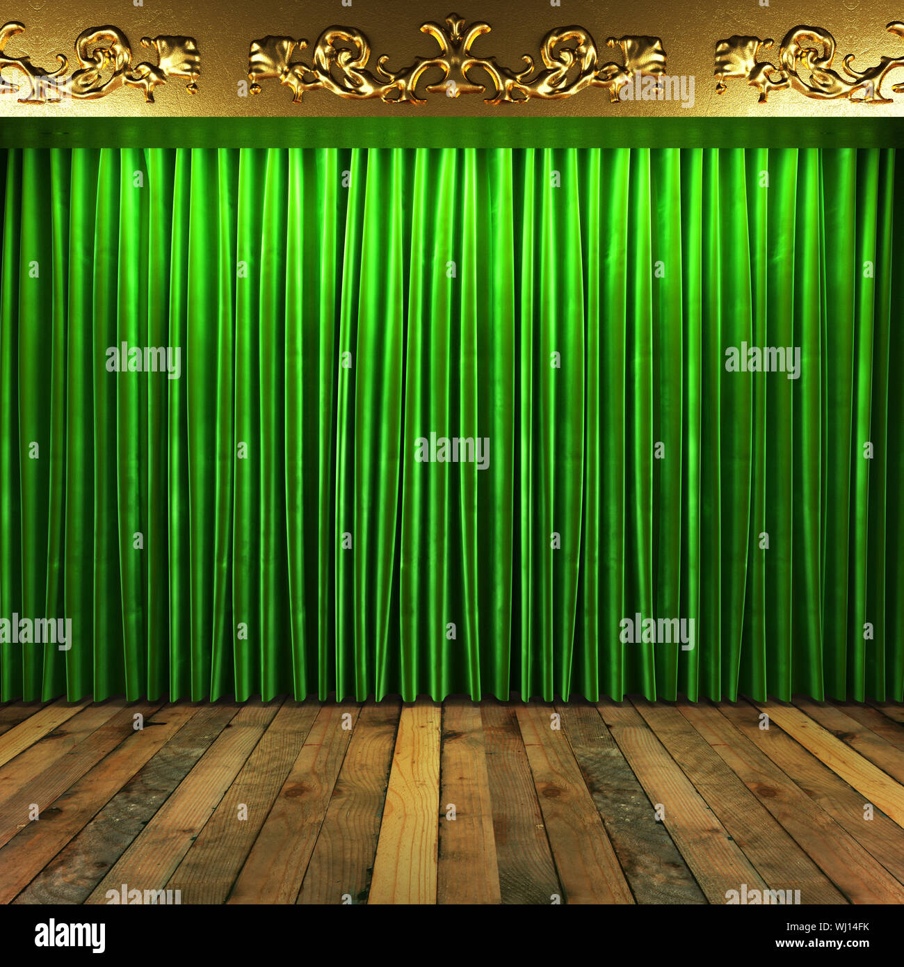 green fabric curtain with gold on stage Stock Photo - Alamy