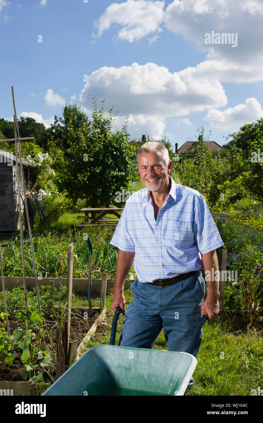 Active senior man pushing wheel barrow in community garden Stock Photo ...