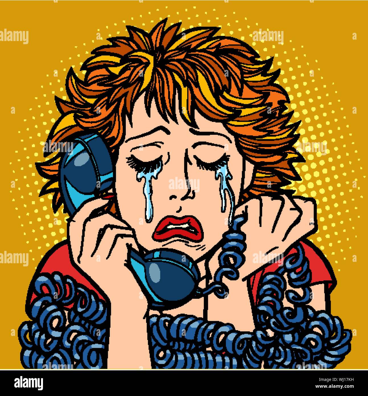 woman crying human emotions. telephone conversation. Comic cartoon pop ...