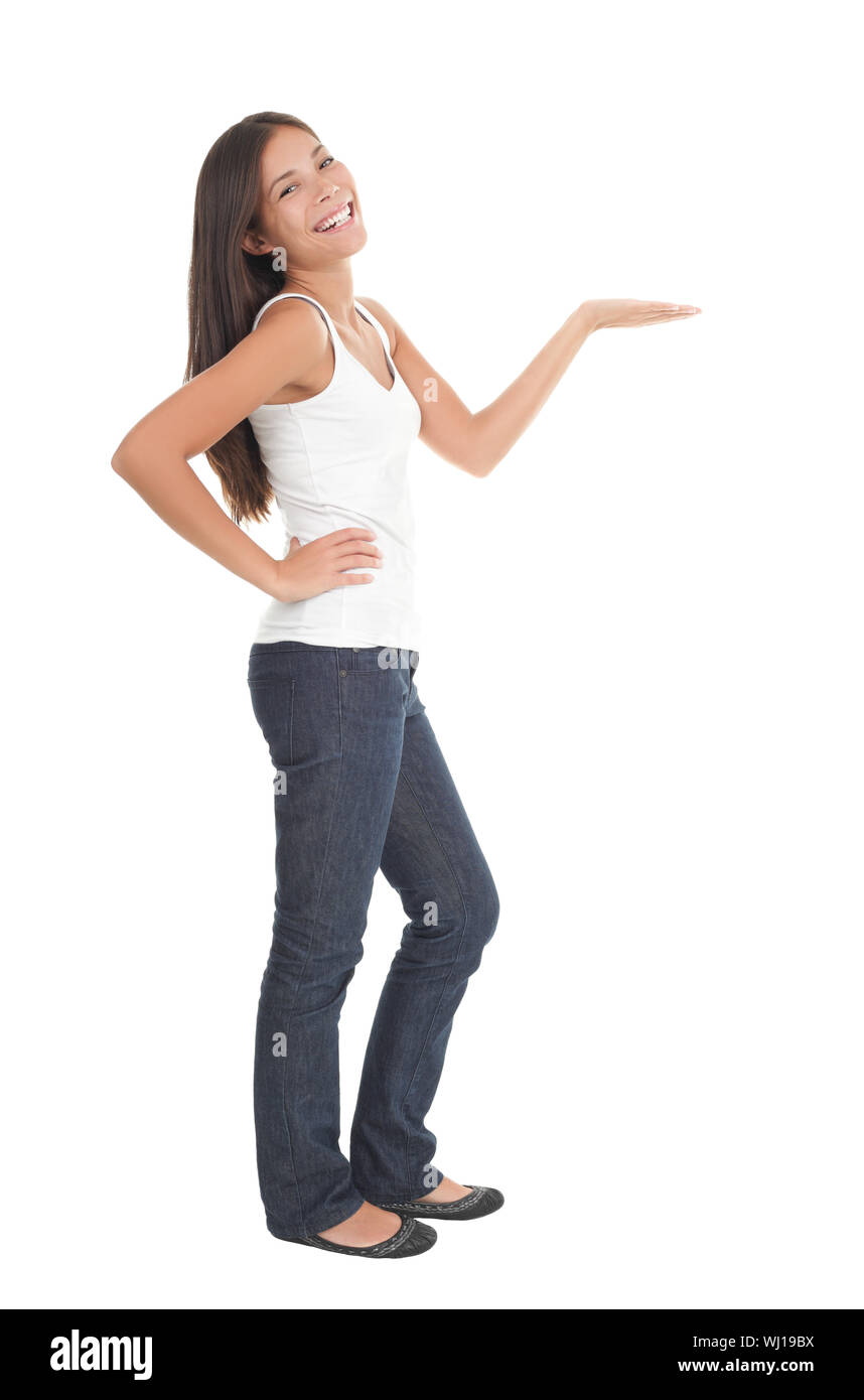 Woman showing open palm isolated on white Stock Photo - Alamy