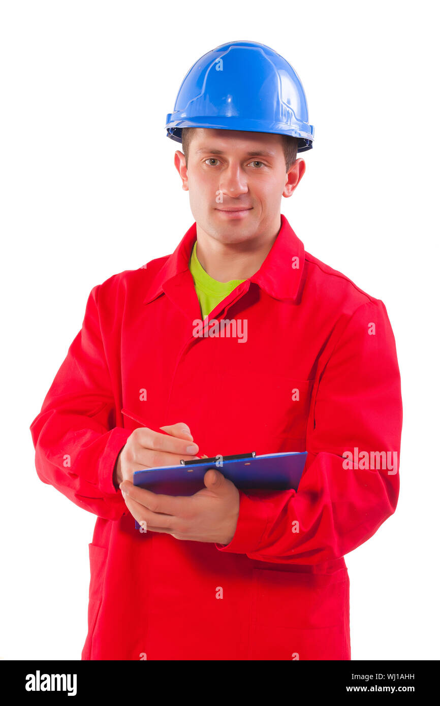 Confident male contractor writing on hi-res stock photography and ...