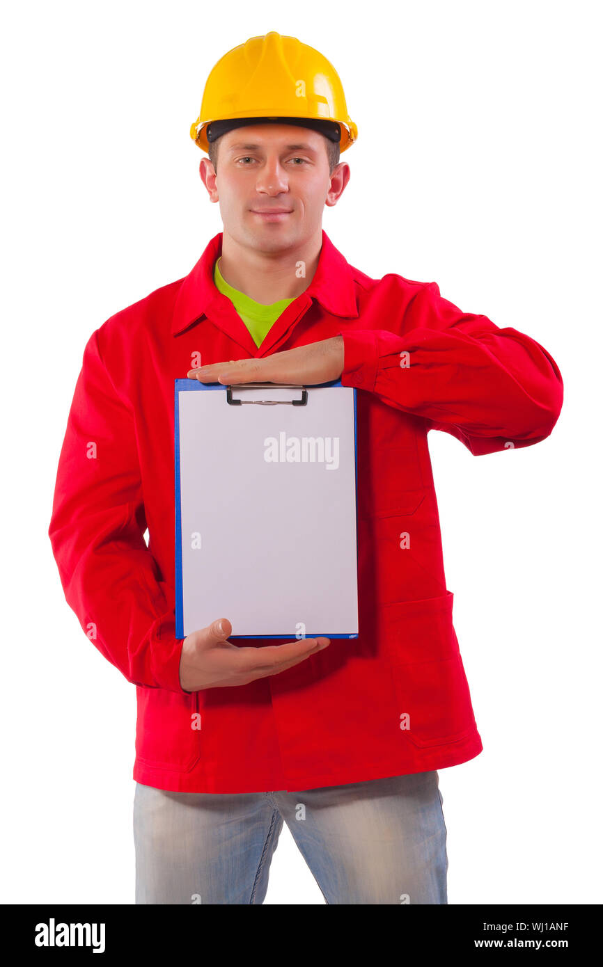 Engineer showing a clipboard with a blank sheet of paper. isolated on ...