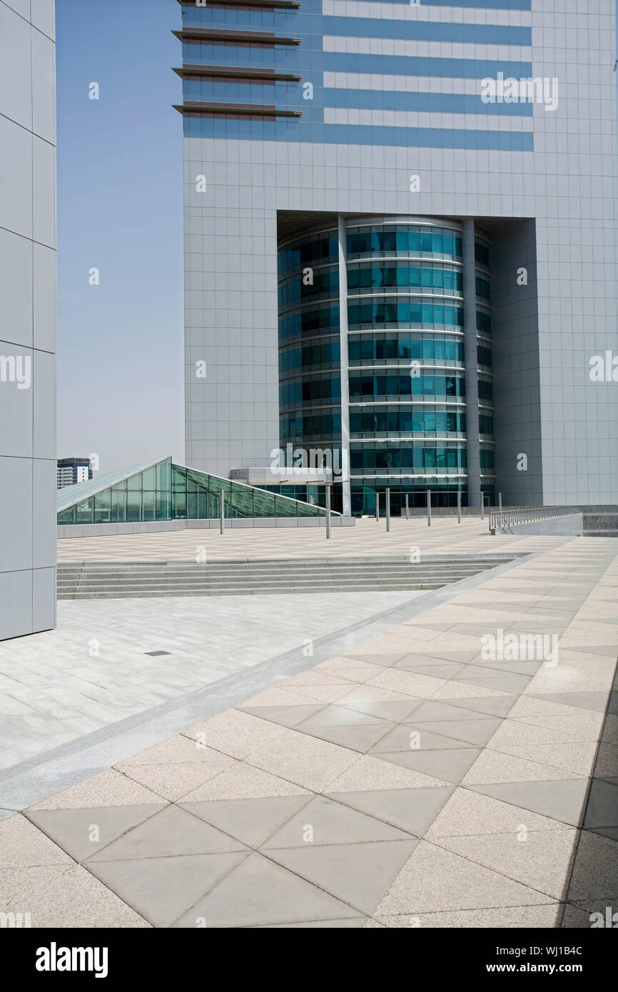 Dubai, UAE, Architectural detail of Emirates Towers plaza on Sheikh ...