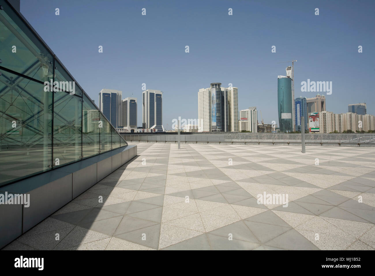 Dubai, UAE, Architectural detail of Emirates Towers plaza and ...