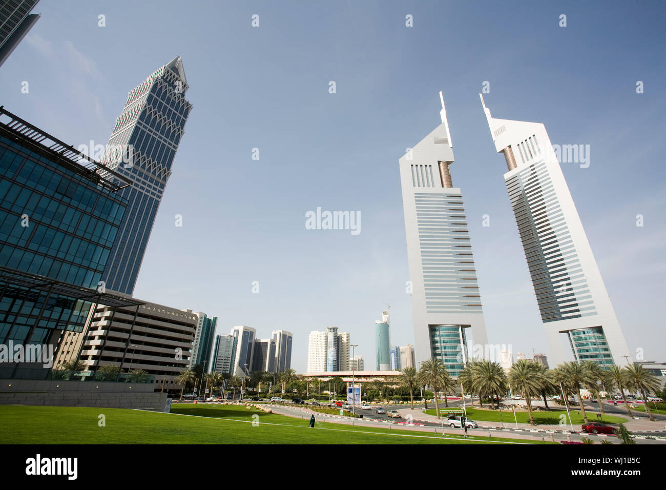Dubai, UAE, view of Emirates Towers on Sheikh Zayed Road Stock Photo ...