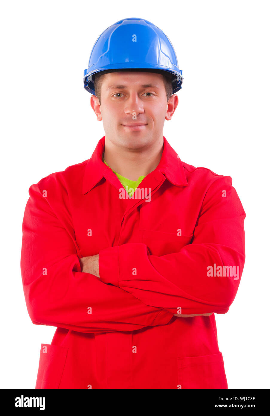 worker wearing in red jacket and blue hardhat Stock Photo - Alamy