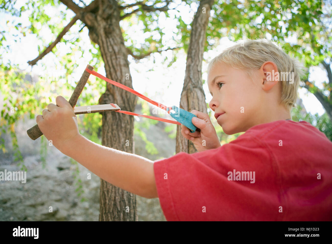 Side view of a blond boy using slingshot against tree trunks Stock ...