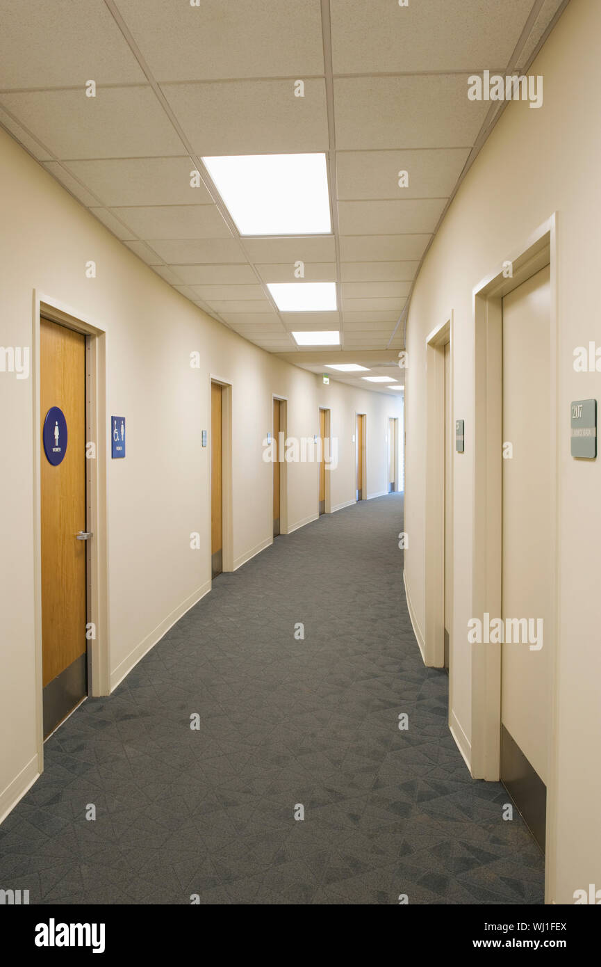 View of an empty corridor with closed doors Stock Photo - Alamy