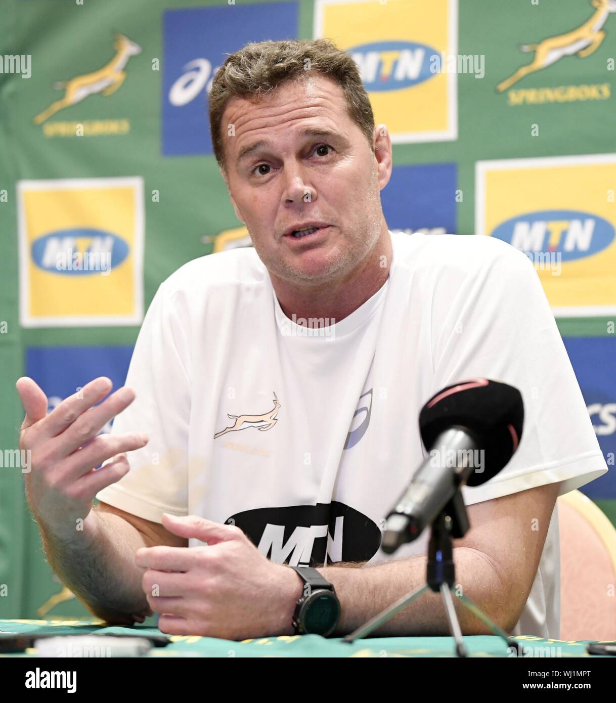 South African national rugby team head coach Johan Erasmus speaks at a ...