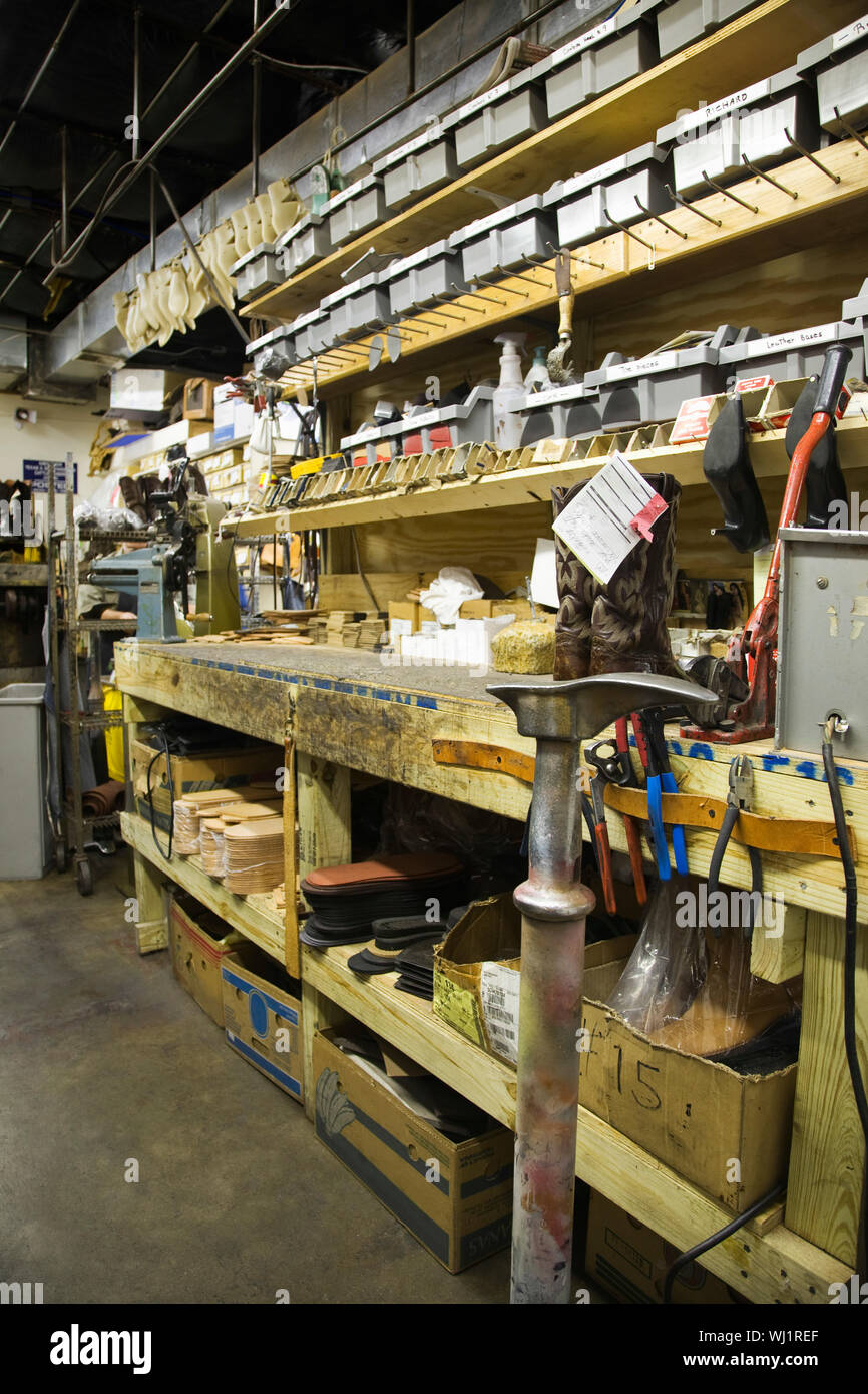 View of tools at a traditional shoemaker workshop Stock Photo - Alamy