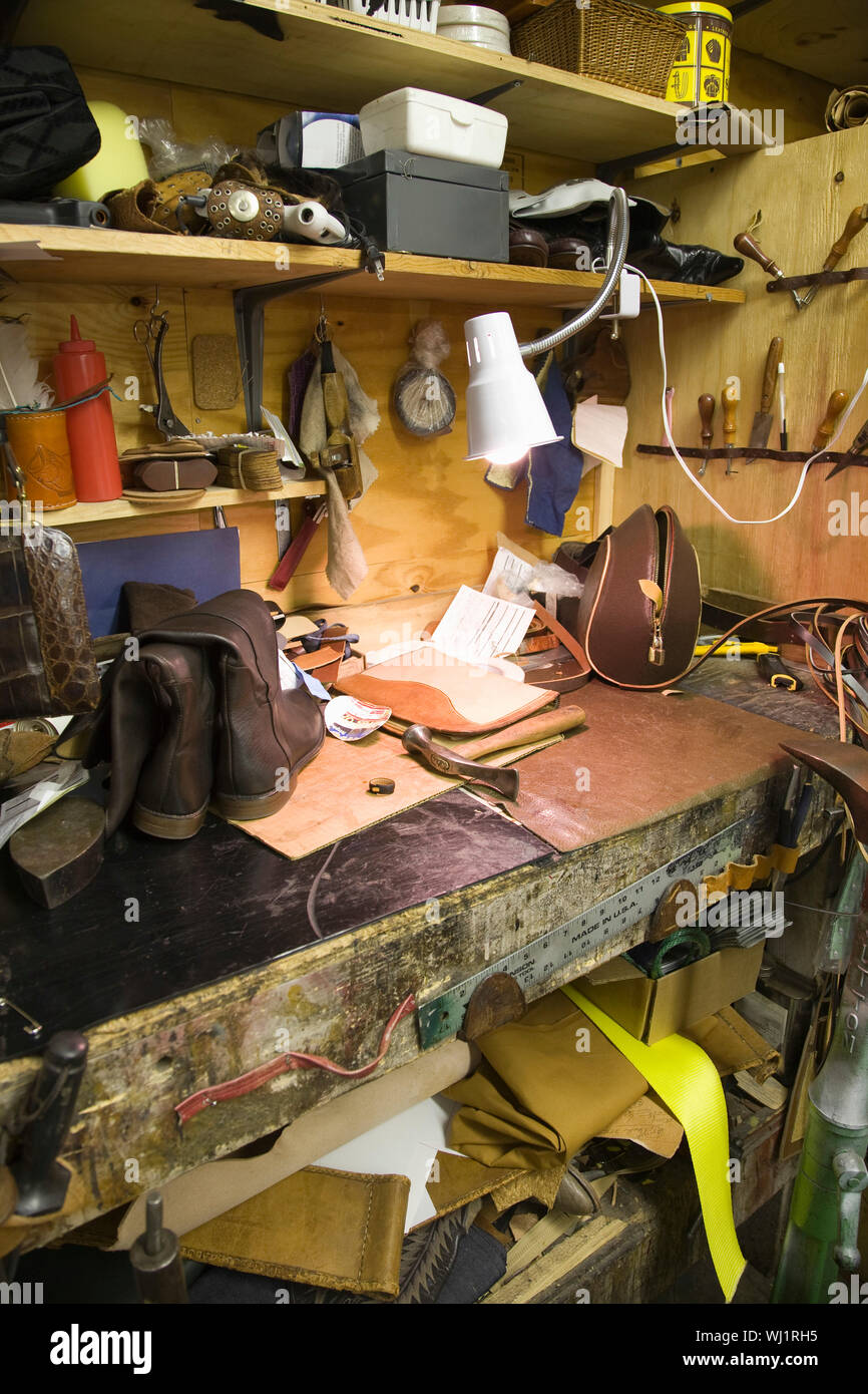 View of tools at a traditional shoemaker workshop Stock Photo - Alamy