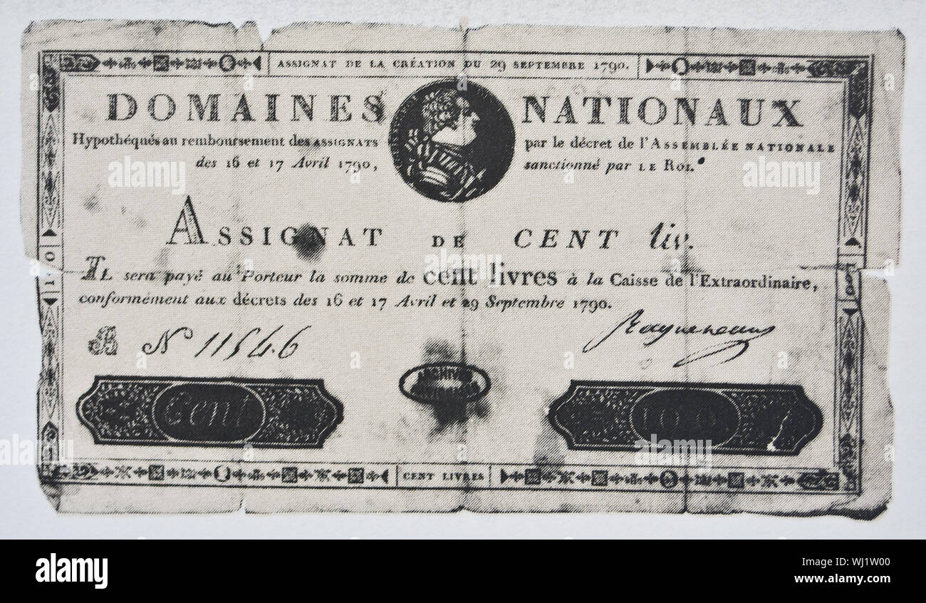 Book illustration representing an assignat of 100 livres ( former ...