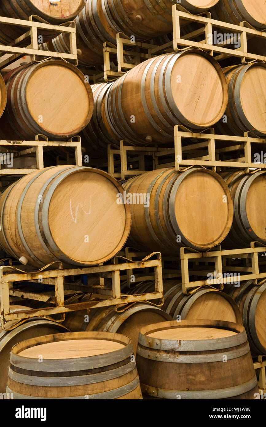Wooden wine barrels kept in storage room Stock Photo - Alamy