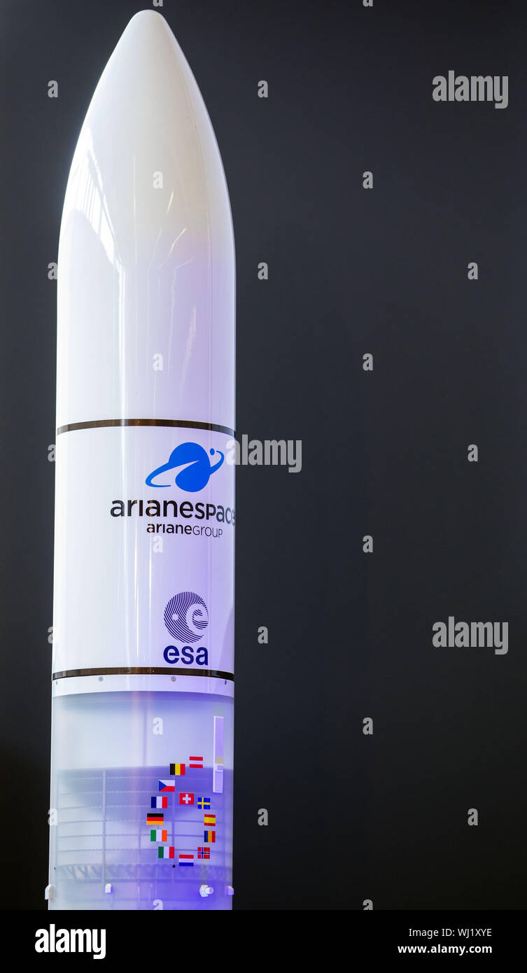 Rostock, Germany. 30th Aug, 2019. The model of the new Ariane 6 ...