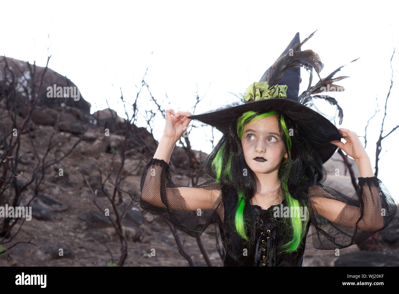 Pretty little witch holding her witch hat and looking away Stock Photo ...