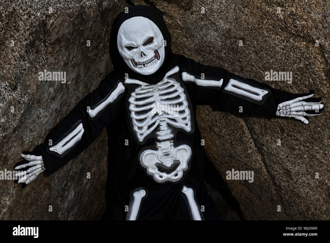 Boy dressed up as skeleton posing on rock Stock Photo - Alamy