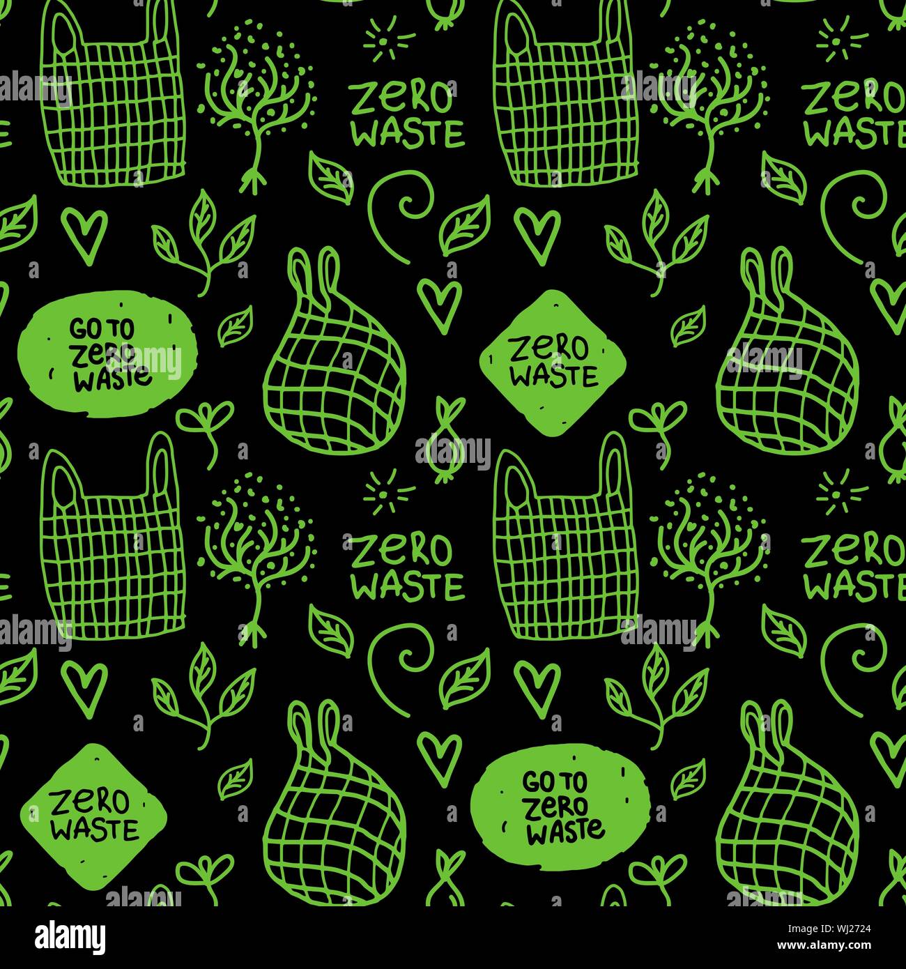 Zero waste seamless pattern. Vector shape green texture on black ...