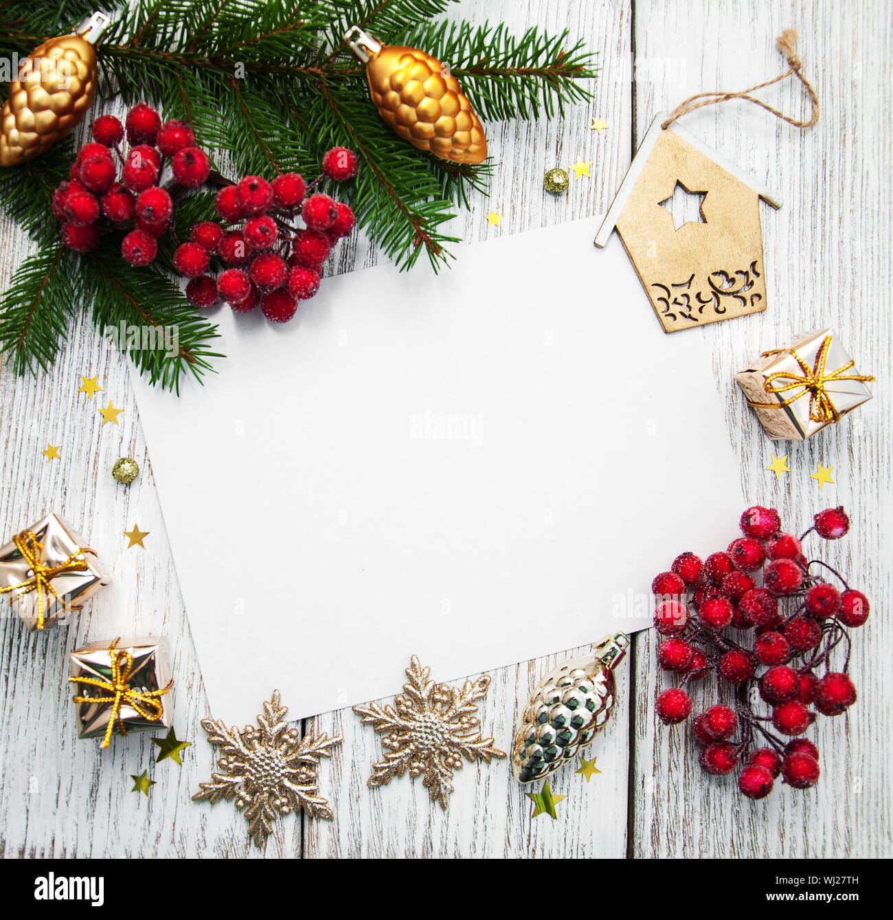 Holiday background - blank paper with christmas decoration Stock Photo ...