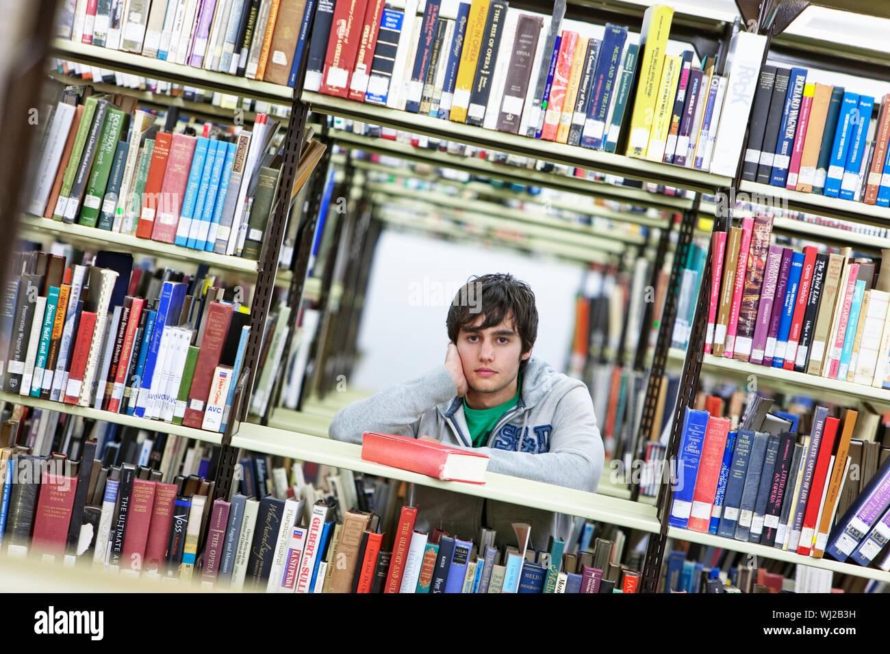 Male University Student Amid Books In Library Stock Photo - Alamy