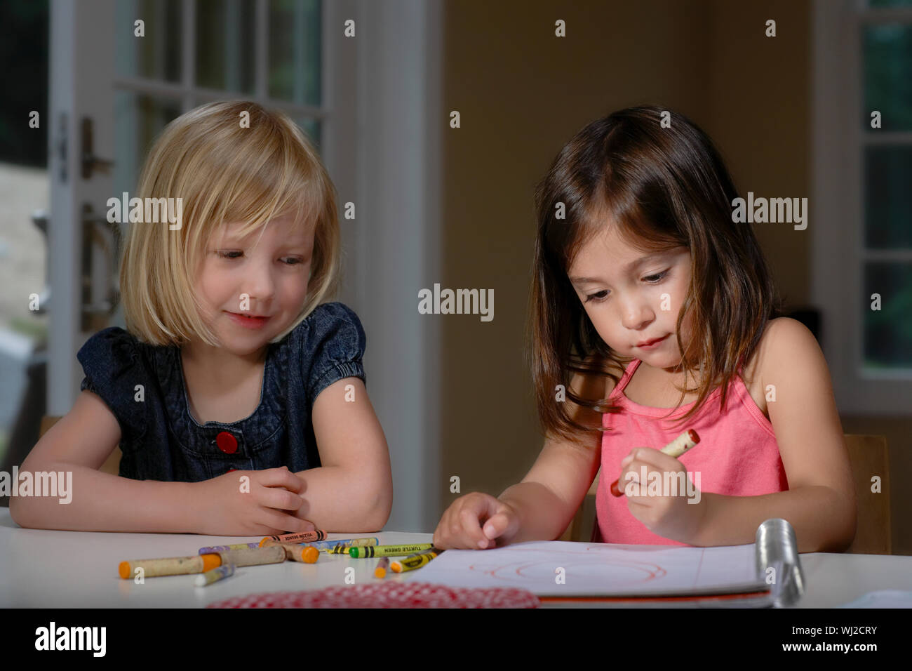 Closeup of two young girls drawing with crayons in book Stock Photo - Alamy