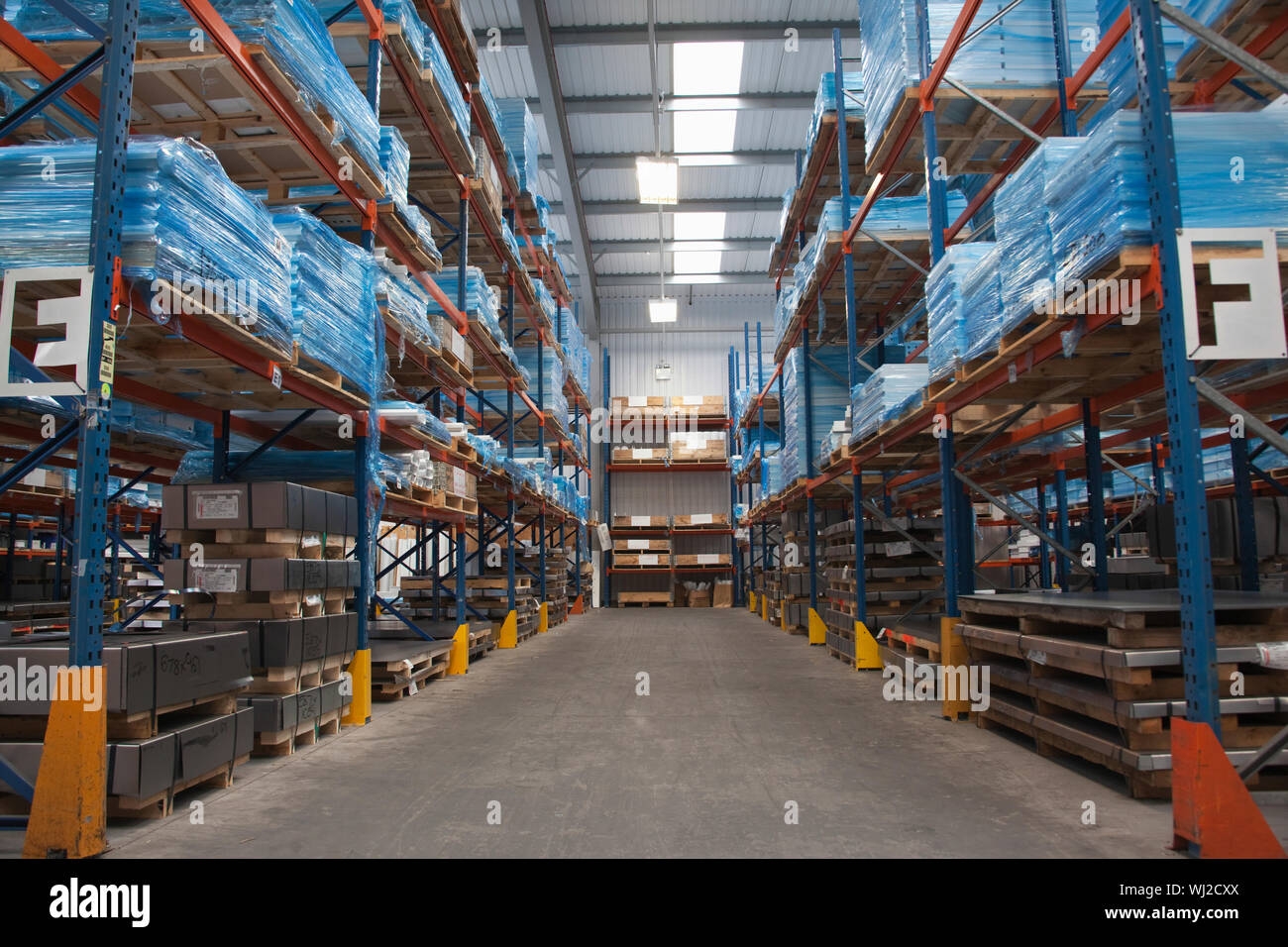Rows of shelves in commercial lighting factory Stock Photo - Alamy